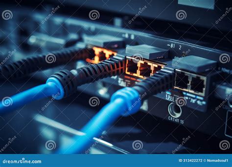 LAN Cable Being Plugged Into A Network Switch Generative AI Stock