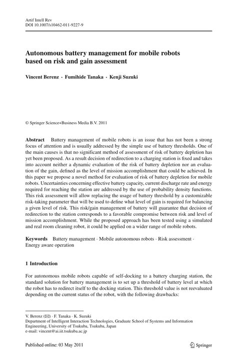 Pdf Autonomous Battery Management For Mobile Robots Based On Risk And Gain Assessment