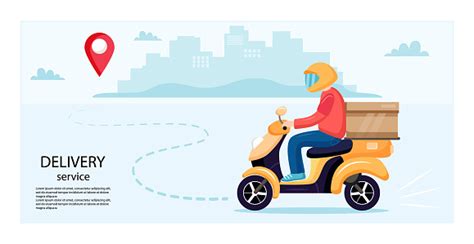 배달 서비스 개념 스쿠터 배달 도시 배경에 스쿠터 오토바이와 골판지 상자와 배달 서비스 플랫 스타일의 벡터 일러스트레이션 개념에 대한 스톡 벡터 아트 및 기타 이미지
