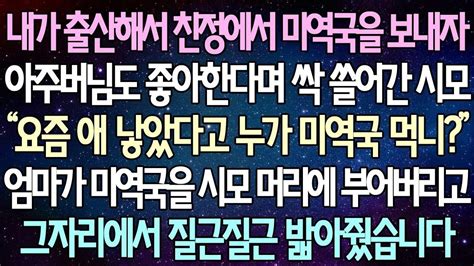 반전 사연 내가 출산해서 친정에서 미역국을 보내자 아주버님도 좋아한다며 싹 쓸어간 시모 엄마가 미역국을 시모 머리에 부어버리고 그자리에서 질근질근 밟아줬습니다 사이다사연
