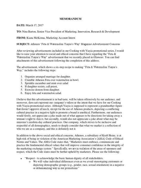 Mktg 315 Ethics Memo Pdf Value Ethics Advertising
