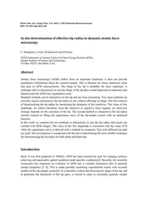 Pdf In Situ Determination Of Effective Tip Radius In Dynamic Atomic Force Microscopy