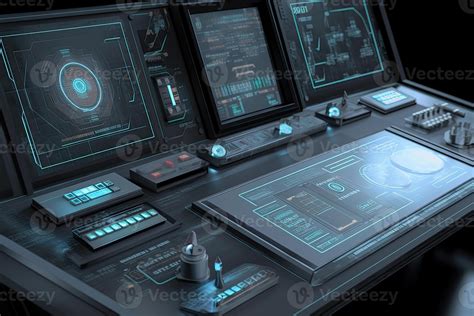 Futuristic Central Control Panel Operator Workplace With A Lot Of Screens And Buttons For