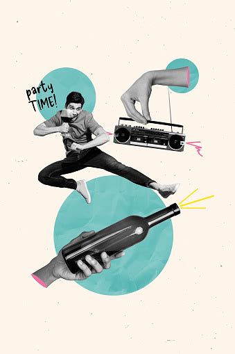 핀업 복고풍 스케치 포스터 파티 시간 테마 클럽 남자 오픈 와인 병과 베이지 색 배경에 고립 된 춤의 3d 콜라주 이미지 30 34세에 대한 스톡 사진 및 기타 이미지