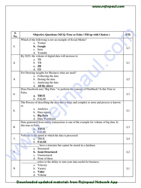 Cs8091 Big Data Analytics Mcq Pdf Apache Hadoop Statistical