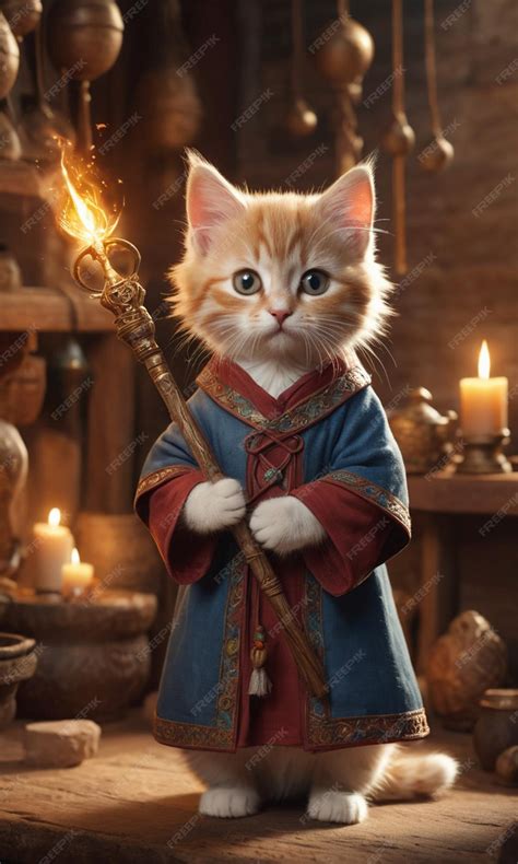 Premium Photo A Cat With A Torch In His Hand Stands In Front Of A Fireplace