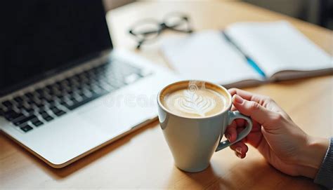 A Hand Holding A Steaming Coffee Cup Over An Office Desk With A Laptop