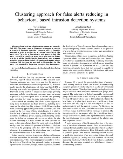 Pdf Clustering Approach For False Alerts Reducing In Behavioral Based Intrusion Detection Systems