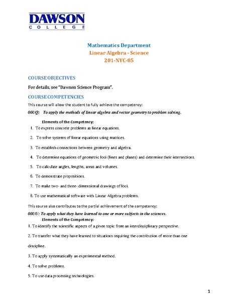 Linear Algebra Science 2 Course Outline Mathematics Department Linear