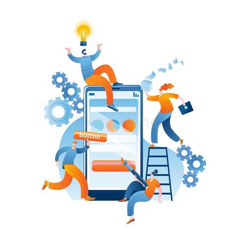 A Team Of Developers Managers And Designers Creates A Mobile App Stock Vector Illustration
