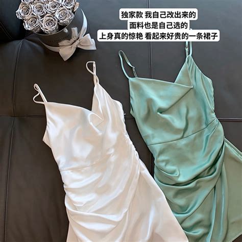 【独家款金屋藏娇】仿醋酸光泽感不规则吊带性感连衣裙新虎窝淘