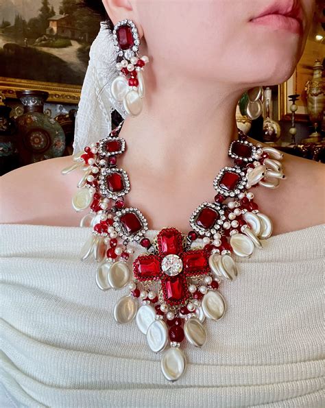 Rare Lawrence Vrba Red Rhinestone Faux Baroque Pearl Necklace And