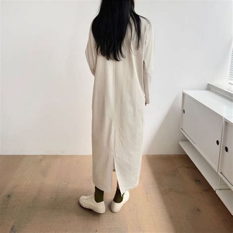 에이블앤코 무지 뒷트임 긴팔 면 롱원피스 에이블리