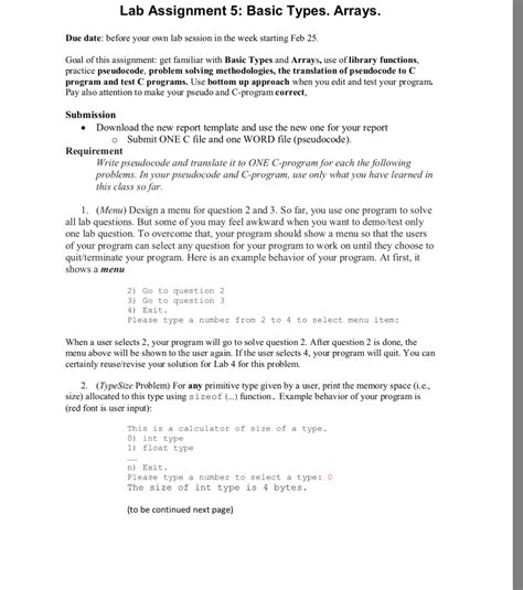 Lab Assignment 5 Basic Types Arrays Due Date