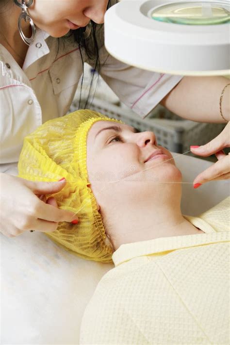 Caucasian Woman Getting Threading Procedure Stock Image Image Of Cosmetic Middleaged