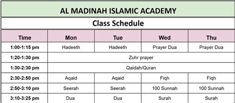 Class Schedule Al Madinah Islamic Academy