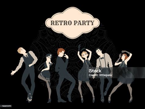 복고풍 파티 카드 1920 년대 스타일 댄스 플래퍼 여자 빈티지 정장에 잘 생긴 남자 이십 벡터 일러스트에서 옷을 입고 남자와 여자 1920 1929 년에 대한 스톡 벡터