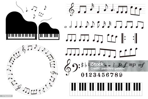 Illustration Set Of Notes Rests Musical Notation Symbols And Piano Keyboard Materials Stock