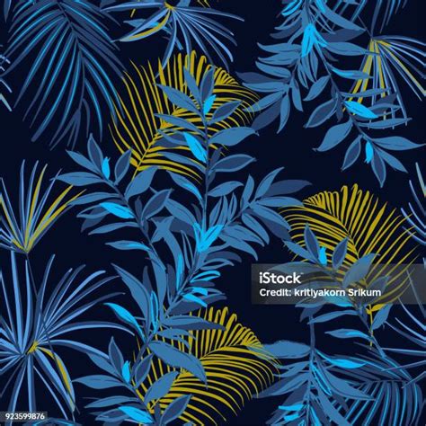 아름 다운 여름 밤 완벽 한 모노톤 파란색과 노란색 열 대 패턴입니다 잎 팜 트리 그림 현대 그래픽입니다 이국적인 숲 0명에