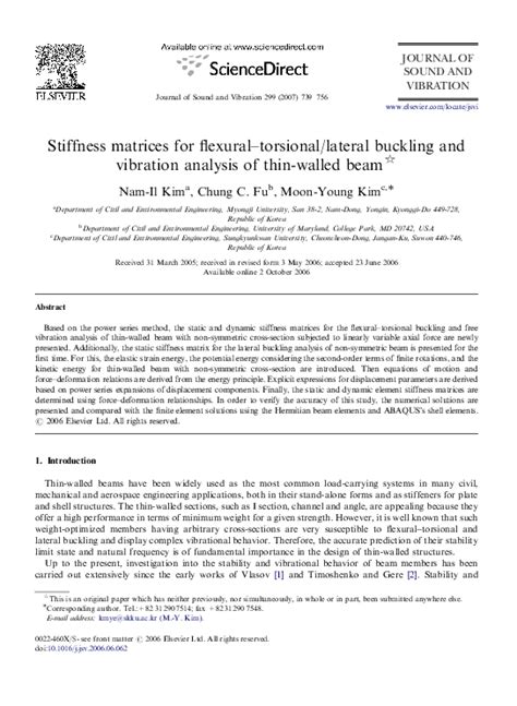 Pdf Stiffness Matrices For Flexural Torsional Lateral Buckling And Vibration Analysis Of Thin