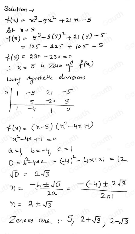 Solved Find All Zeros Of F X X 3 9x 2 21x 5 Enter The Zero Separated By Commas Enter Exact