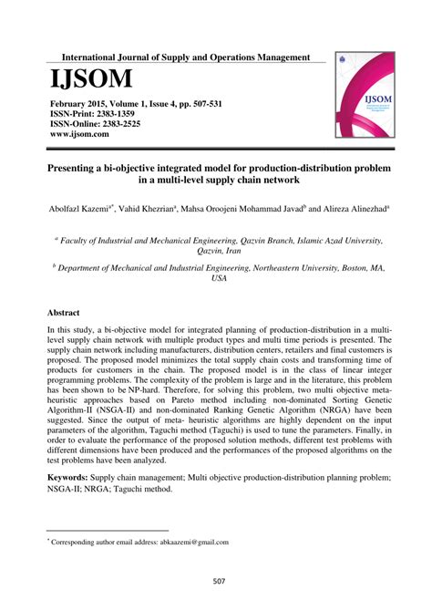 Pdf Presenting A Bi Objective Integrated Model For Production Distribution Problem In A Multi