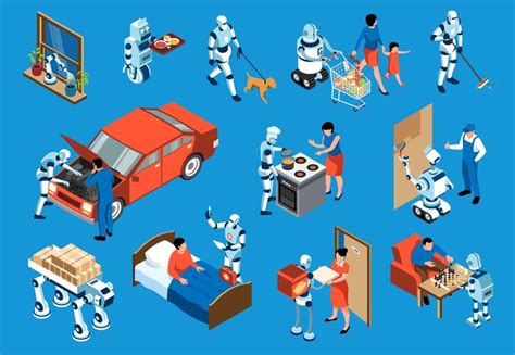 아이소메트릭 로봇 어시스턴트 세트 로봇은 일상적인 작업과 특정 복잡한 작업 벡터 일러스트레이션에서 인간을 돕습니다 무료 벡터