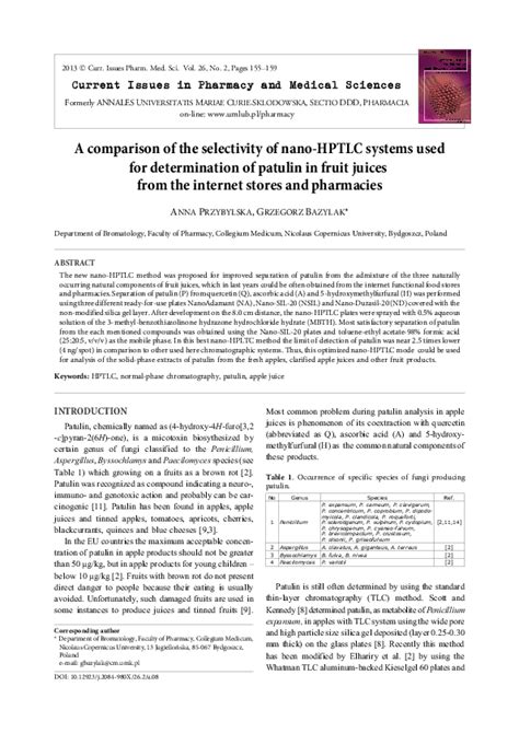 Pdf A Comparison Of The Selectivity Of Nano Hptlc Systems Used For Determination Of Patulin In