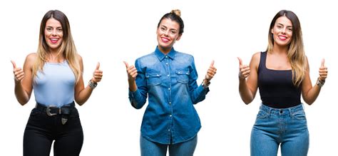 격리 된 배경 성공 기호 손으로 긍정적인 제스처를 하 고 웃 고 행복 한 엄지손가락에 아름 다운 젊은 여자 콜라주 쾌활 한 식 우승자 제스처와 카메라를 보면 구도에 대한