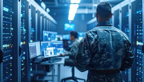 Military Personnel In A High Tech Server Room Monitoring Data Representing Cyber Security