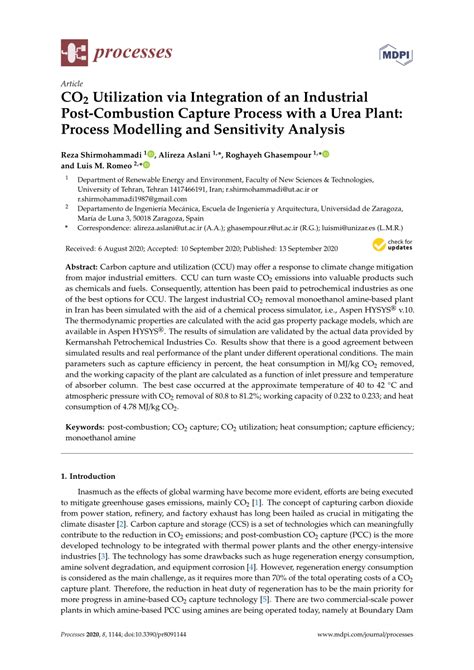 Pdf Co2 Utilization Via Integration Of An Industrial Post Combustion
