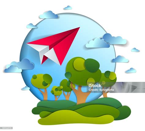 종이 비행기 초원 나무 아름 다운 자연 벡터 일러스트 레이 션 항공사 항공 항공 여행 테마에 종이 접기 접는 장난감 비행기의