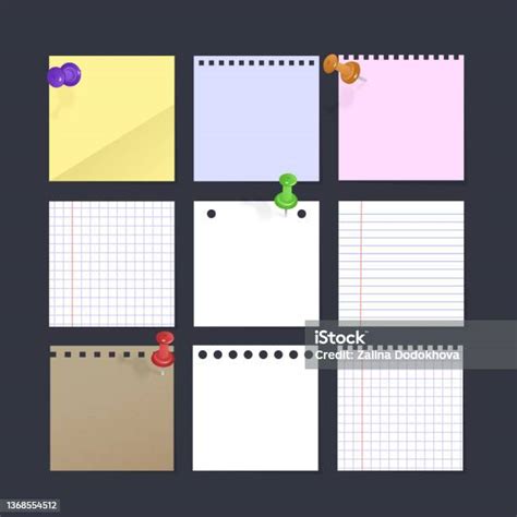 스카치 테이프와 흰 종이 시트 설정합니다 접착제 스티커 용지 Sellotape 줄무늬 벡터 일러스트 레이 션 알림 메시지에 대 한 시트 페이지 0명에 대한 스톡 벡터 아트