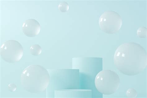 기하학적 형태의 추상 장면입니다 실린더 연단 파스텔 빛 비행 공 구와 파란색 배경에 서 무대 받침대 또는 플랫폼 스타일리시한 트렌디한 3d 렌더 3차원 형태에 대한 스톡