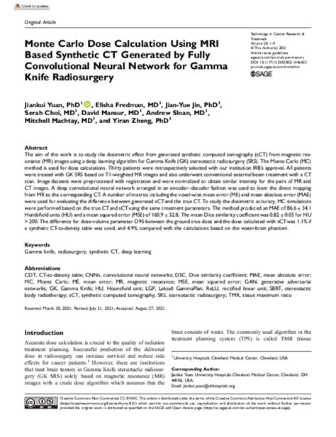 Pdf Monte Carlo Dose Calculation Using Mri Based Synthetic Ct