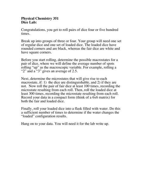 Physical Chemistry 351 Dice Lab Times