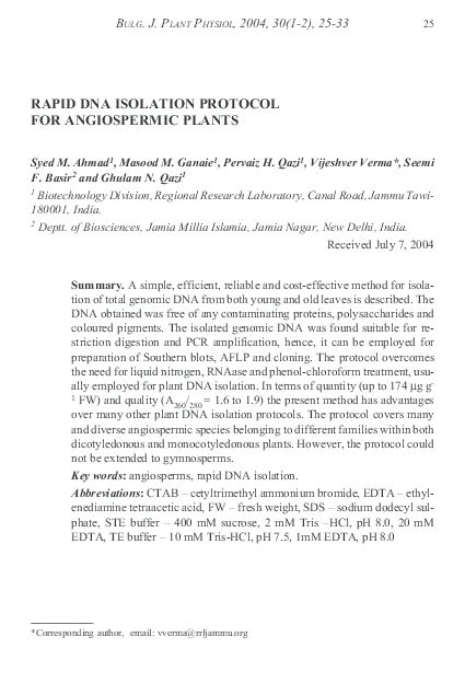 Pdf Rapid Dna Isolation Protocol For Angiospermic Plants