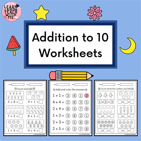 20 Printable Addition Worksheets Numbers 1 10 For Preschool Etsy Worksheets Library