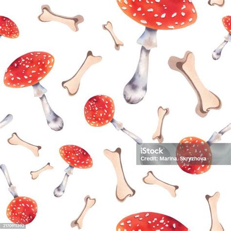 수채화 완벽 한 배경 와 Fly Agarics 와 구덩이 와 백색 배경 와 버섯과 해골의 손으로 그린 패턴 직물 장식을 위한
