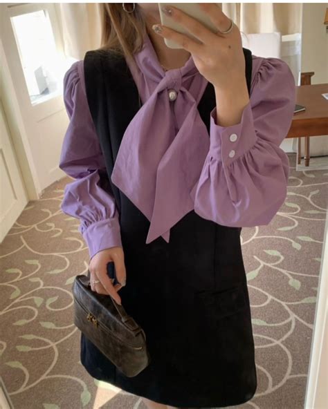 퍼플앤블랙set 타이 퍼프 블라우스 나시 미니원피스 투피스세트 Set 하객룩 결혼식 웨딩 브라이덜샤워 데이트 커플 러블리 면접