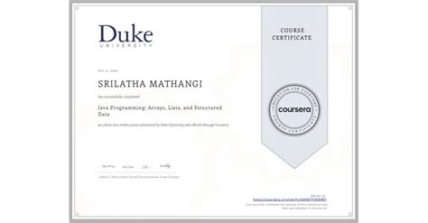 Srilatha Mathangi On Linkedin Completion Certificate For Java Programming Arrays Lists And
