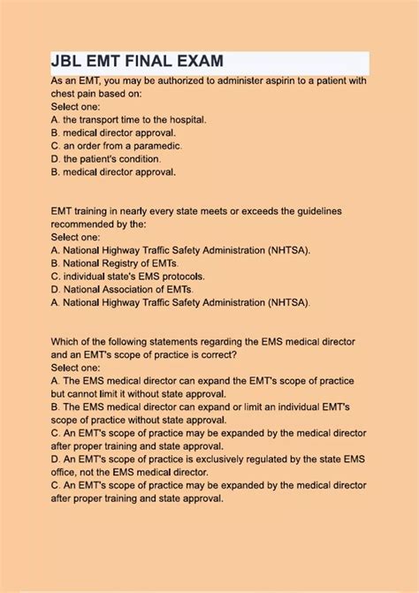 Jbl Emt Final Exam Questions With Actual Exam Real And Authentic Verified Answers Latest