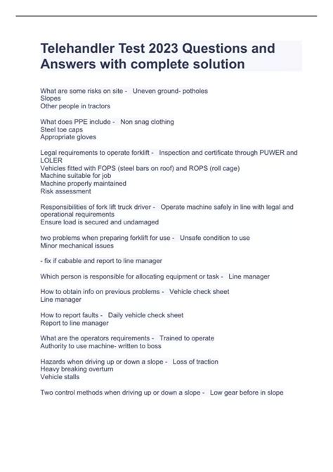 Telehandler Test 2023 Questions And Answers With Complete Solution Telehandler Stuvia Us