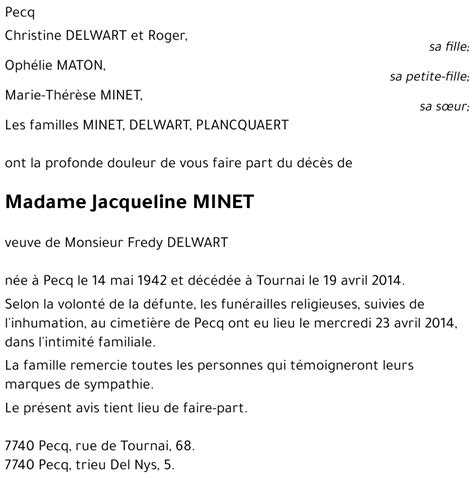 Avis De Décès De Jacqueline Minet Décédé Le 19042014 à Tournai