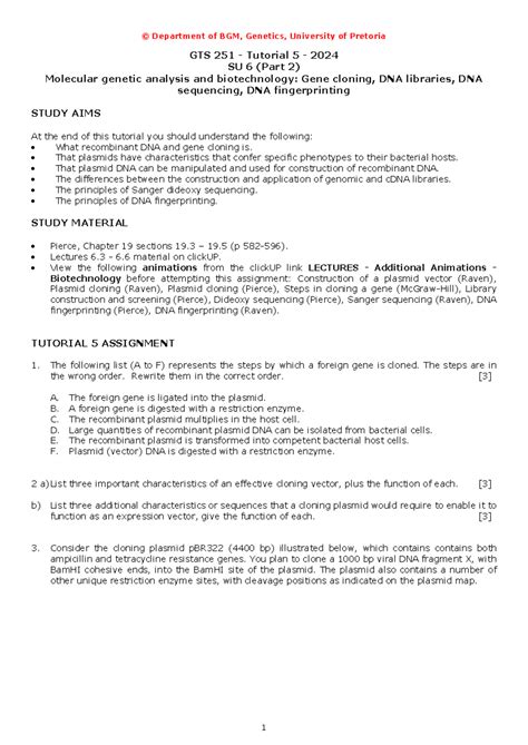 Tutorial 5 Questions © Department Of Bgm Genetics University Of