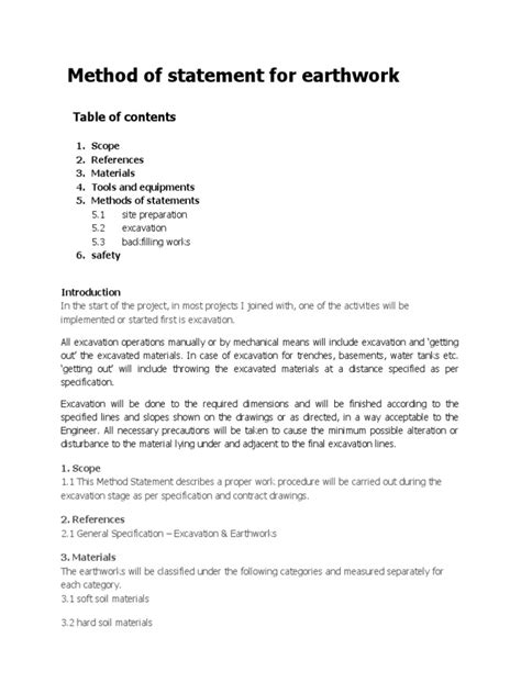 Method Statements For Earthwork Pdf Specification Technical