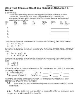 Balancing Classifying Reactions Unit Review Redox Rxns