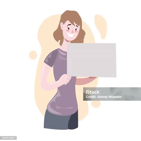 흰색 배경에 고립 된 텍스트 장소가있는 빈 플래카드를 들고 웃는 아가씨 여성 운동가 빈 종이 시트를 들고 여자 플랫 만화 스타일의 벡터 일러스트레이션 가공의 인물에 대한