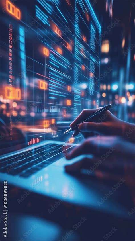 Programmer Hands Typing Coding Screen Digital Interface Blue Glowing Data Futuristic Technology