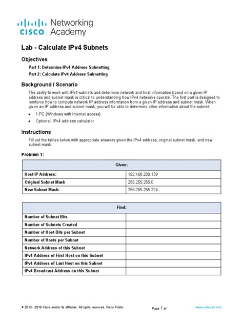 11 6 6 Lab Calculate Ipv4 Subnets Pdf Ip Address Computer Network